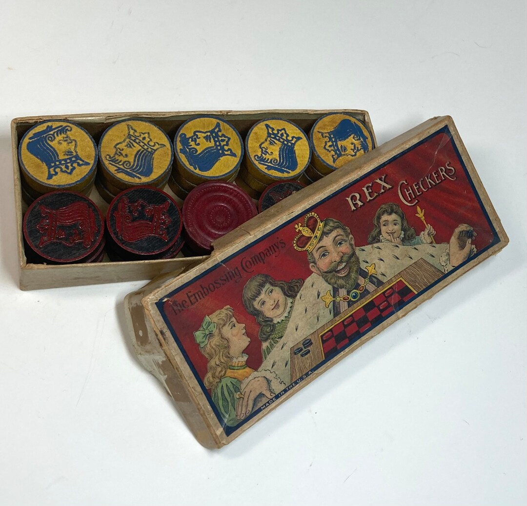 Vintage Set of Wooden Checkers, Embossed Kings Head Checkers in ...