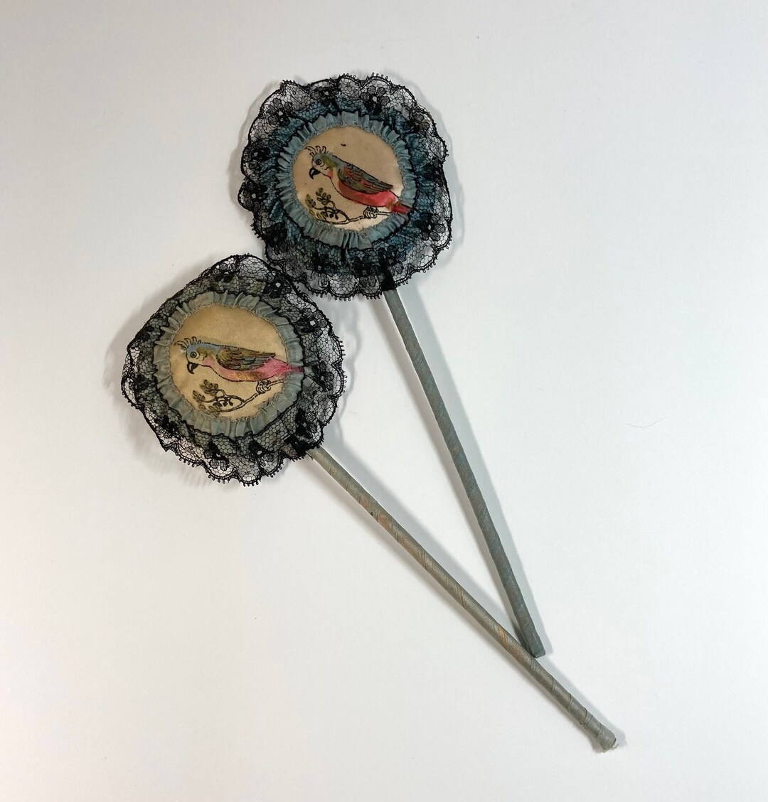 Vintage Set, Powder Puff Wand and Mirror Wand With Colorful Parrots ...