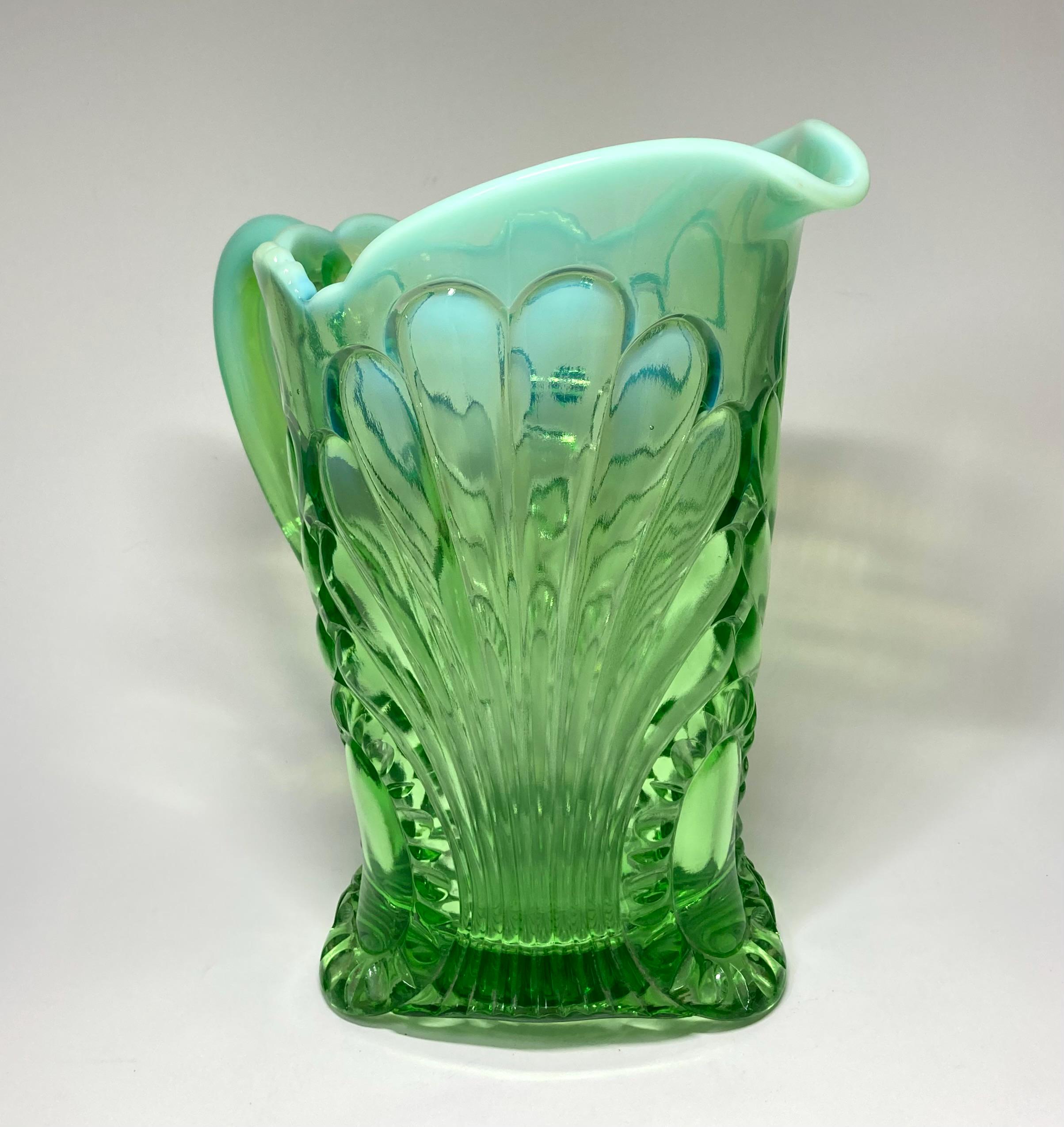 Vintage Green Opalescent Pitcher and Six Glasses or Tumblers, Jefferson ...