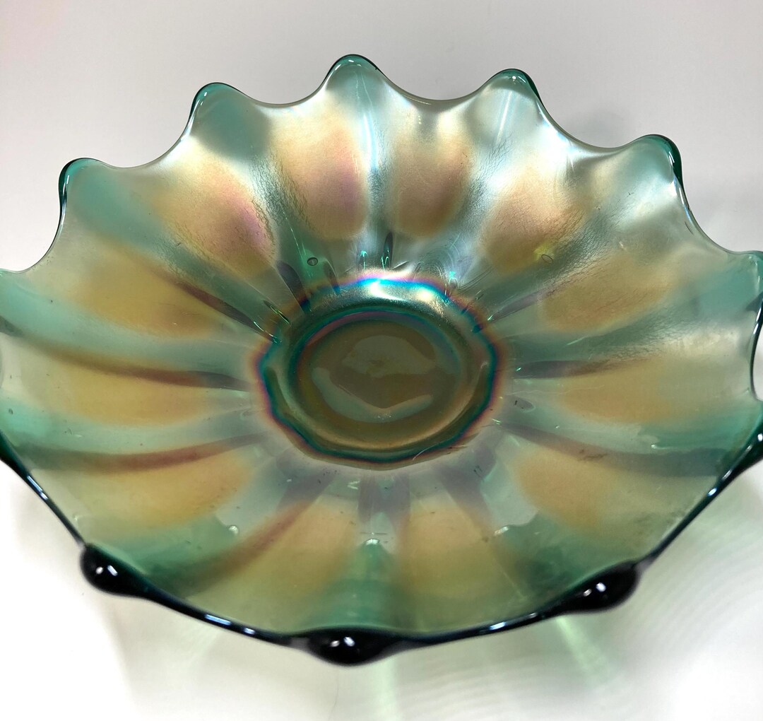 Vintage Green Glass Carnival Glass Bowl, Turquoise Carnival Glass Dish ...