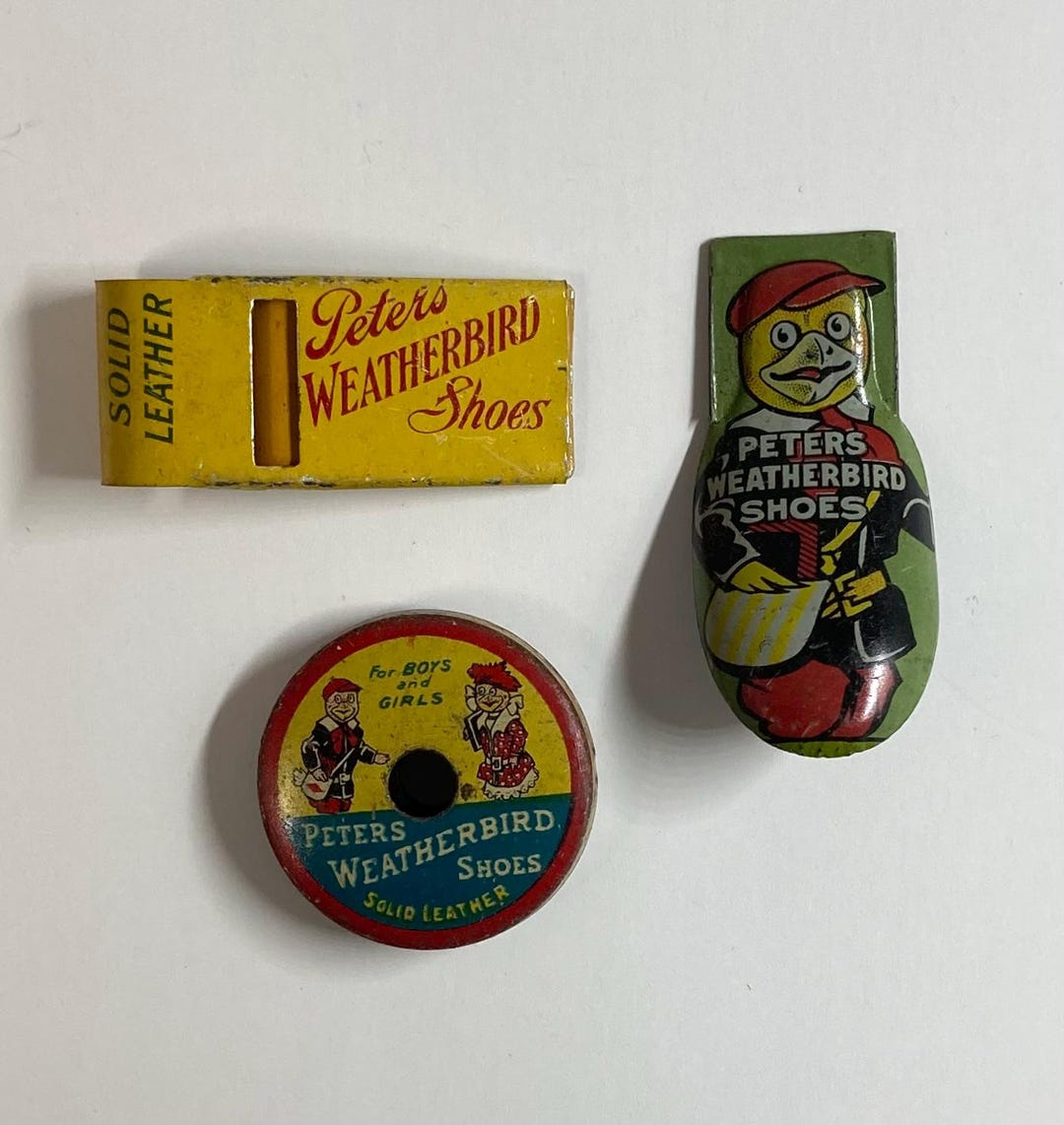 Vintage Peter's Weatherbird Shoe Premiums: Whistle, Clicker & Tin Top ...