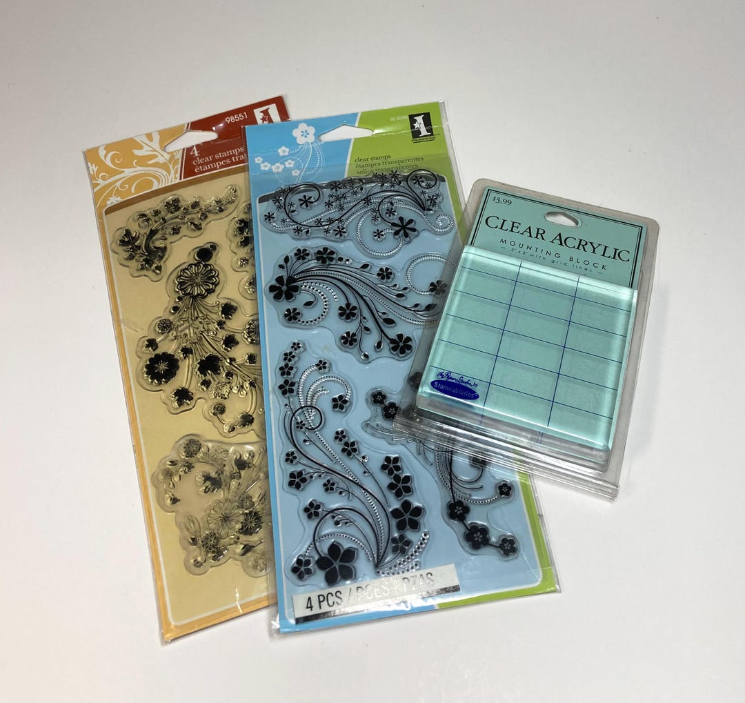 Clear Acrylic Mounting Block With Grid and Two Packages of Clear Stamps ...