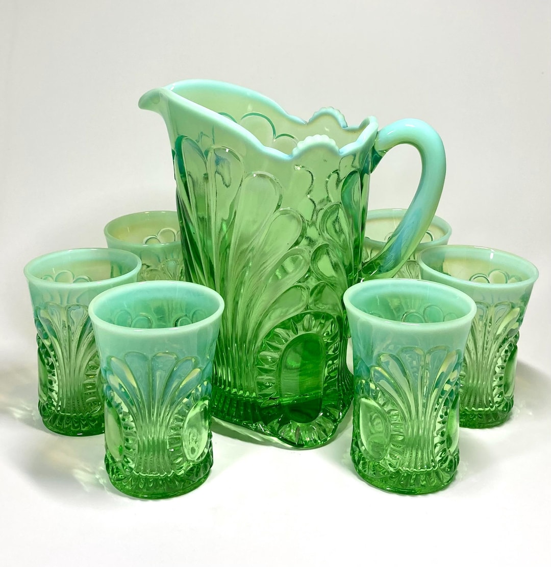 Vintage Green Opalescent Pitcher and Six Glasses or Tumblers, Jefferson ...
