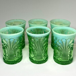 Vintage Green Opalescent Pitcher and Six Glasses or Tumblers, Jefferson ...