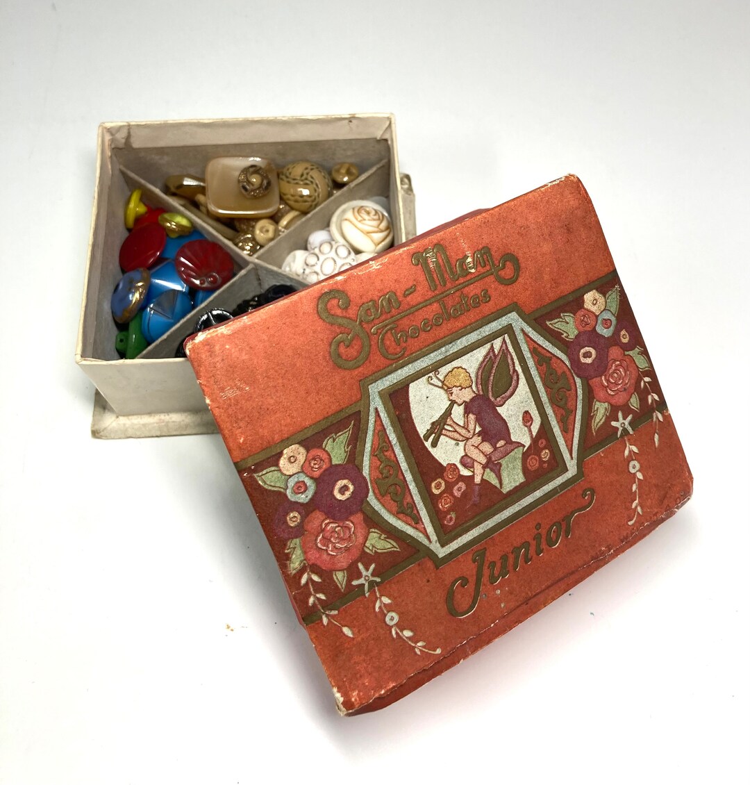 Vintage Candy Box With Lot of Glass Buttons, San-man Chocolates Junior ...