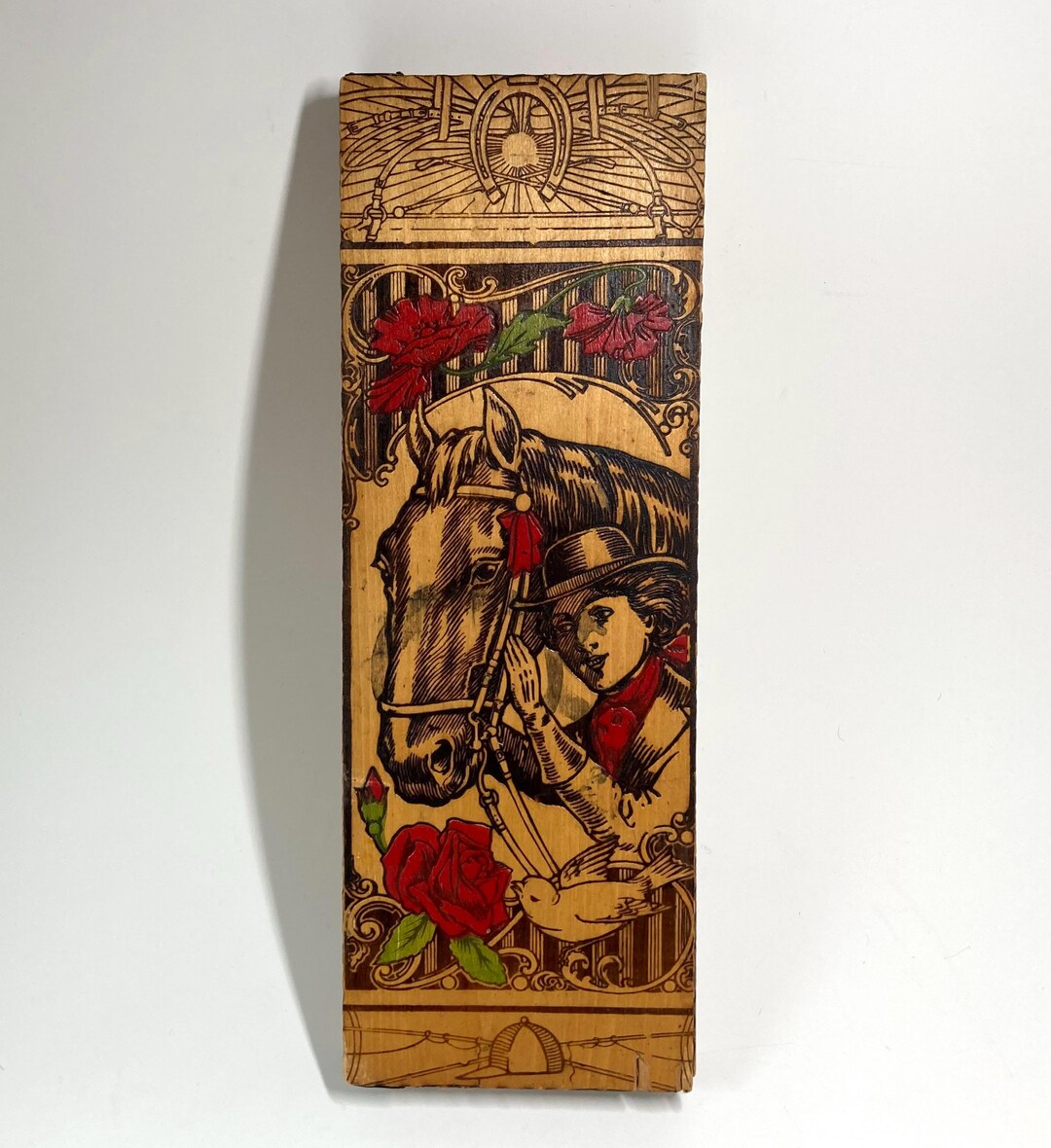 Vintage Pyrography Box With Woman, Horse, Bird, Poppies and a Rose - Etsy