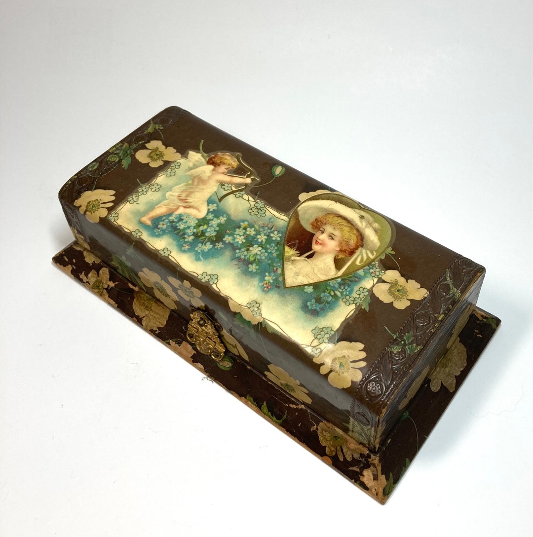 Vintage Celluloid Box With Gutta Percha Mirror and Brush, Cupid ...