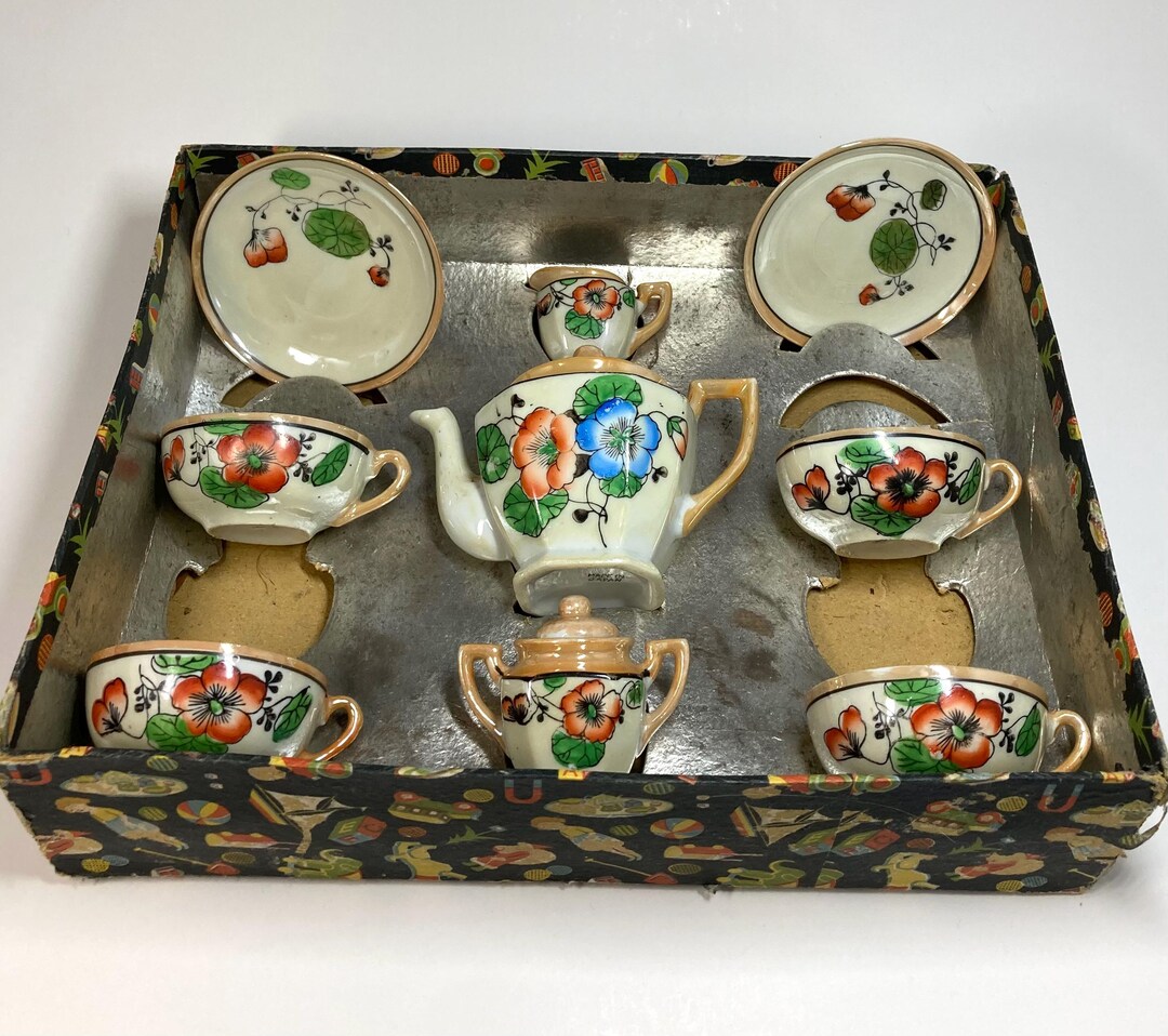 Vintage Ceramic Childrens Tea Set With Red and Blue Flowers, Tea Set ...