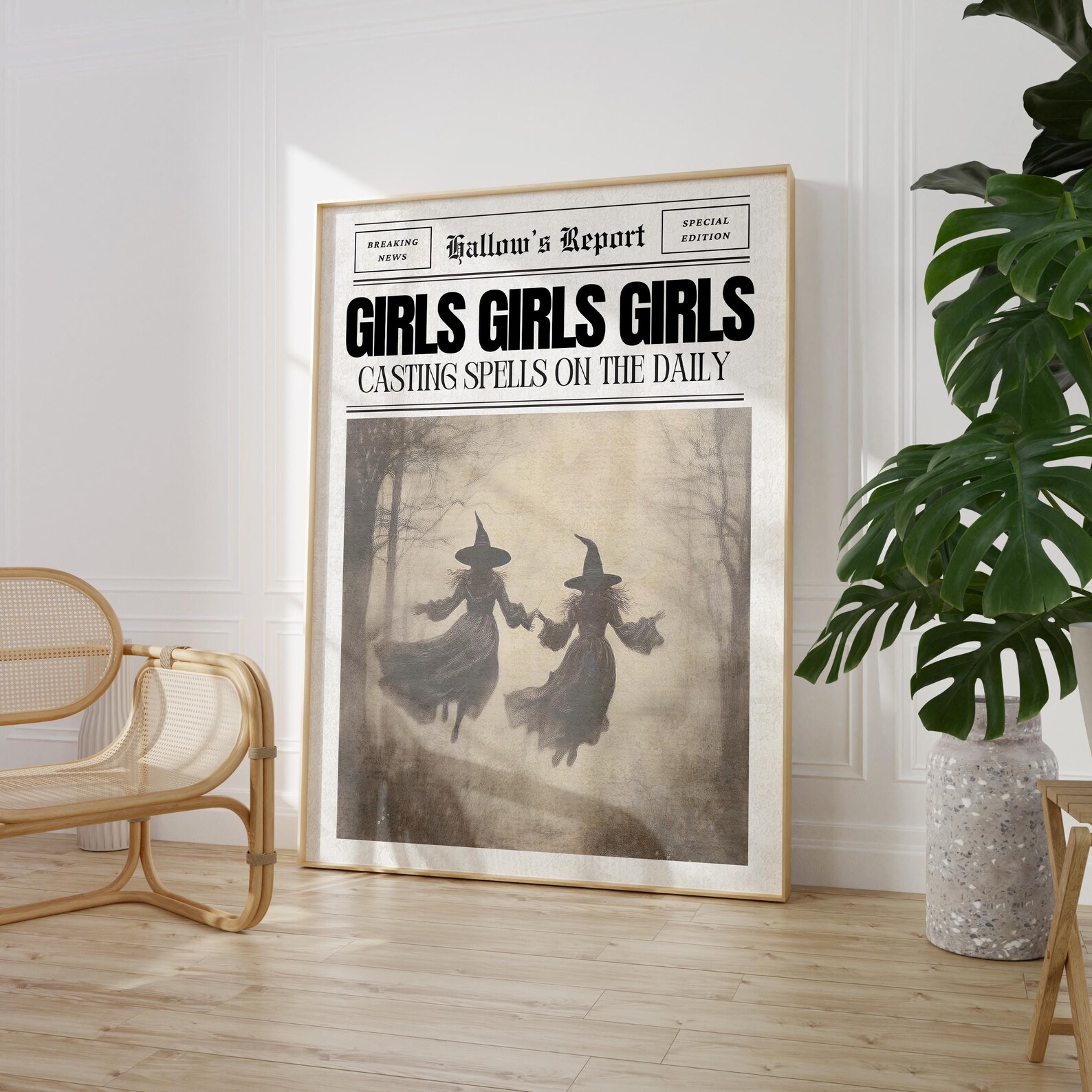 Witchy Girls Newspaper Print, Fall Bar Cart Art, Dark Academia ...