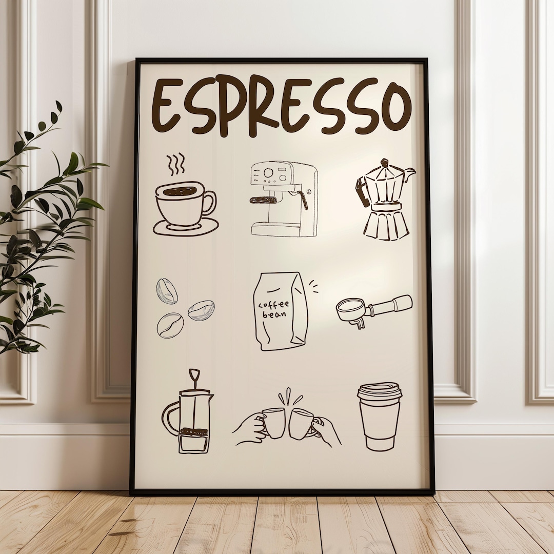 Hand Drawn Kitchen Espresso Coffee Bar Printable Wall Art, Retro Coffee ...