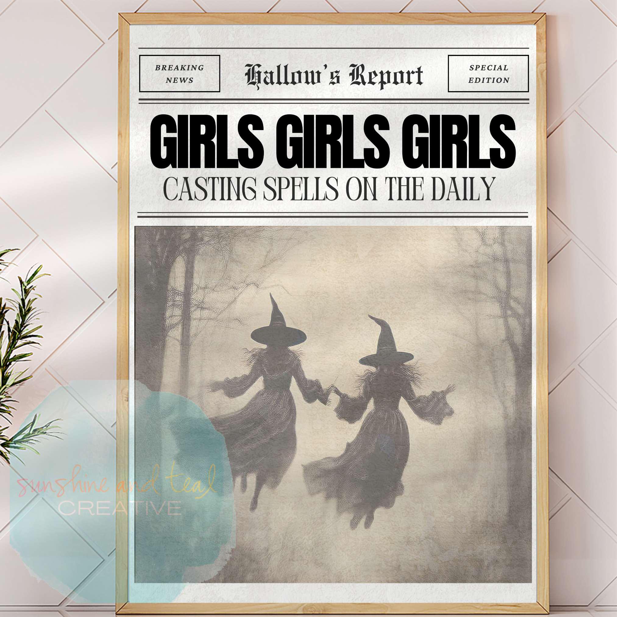 Witchy Girls Newspaper Print, Fall Bar Cart Art, Dark Academia ...