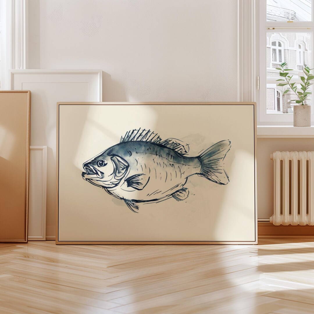 Bass Fish Horizontal Blue Wall Art, PRINTABLE Watercolor Wall Poster ...