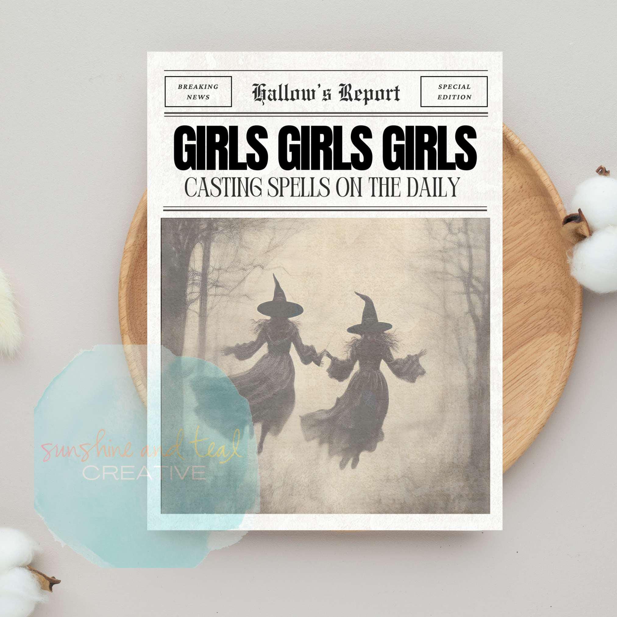Witchy Girls Newspaper Print, Fall Bar Cart Art, Dark Academia ...