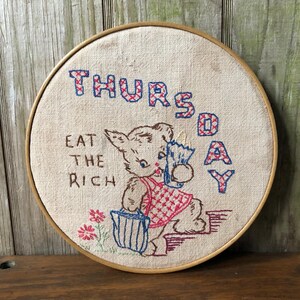 Vintage Upcycled Embroidery in Wooden Duchess Hoop - Eat the Rich - Etsy