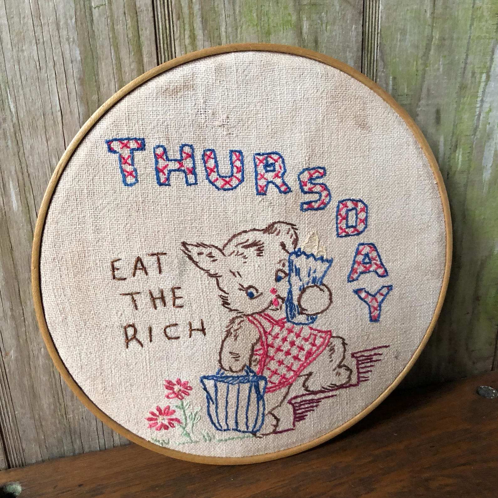 Vintage Upcycled Embroidery in Wooden Duchess Hoop - Eat the Rich - Etsy