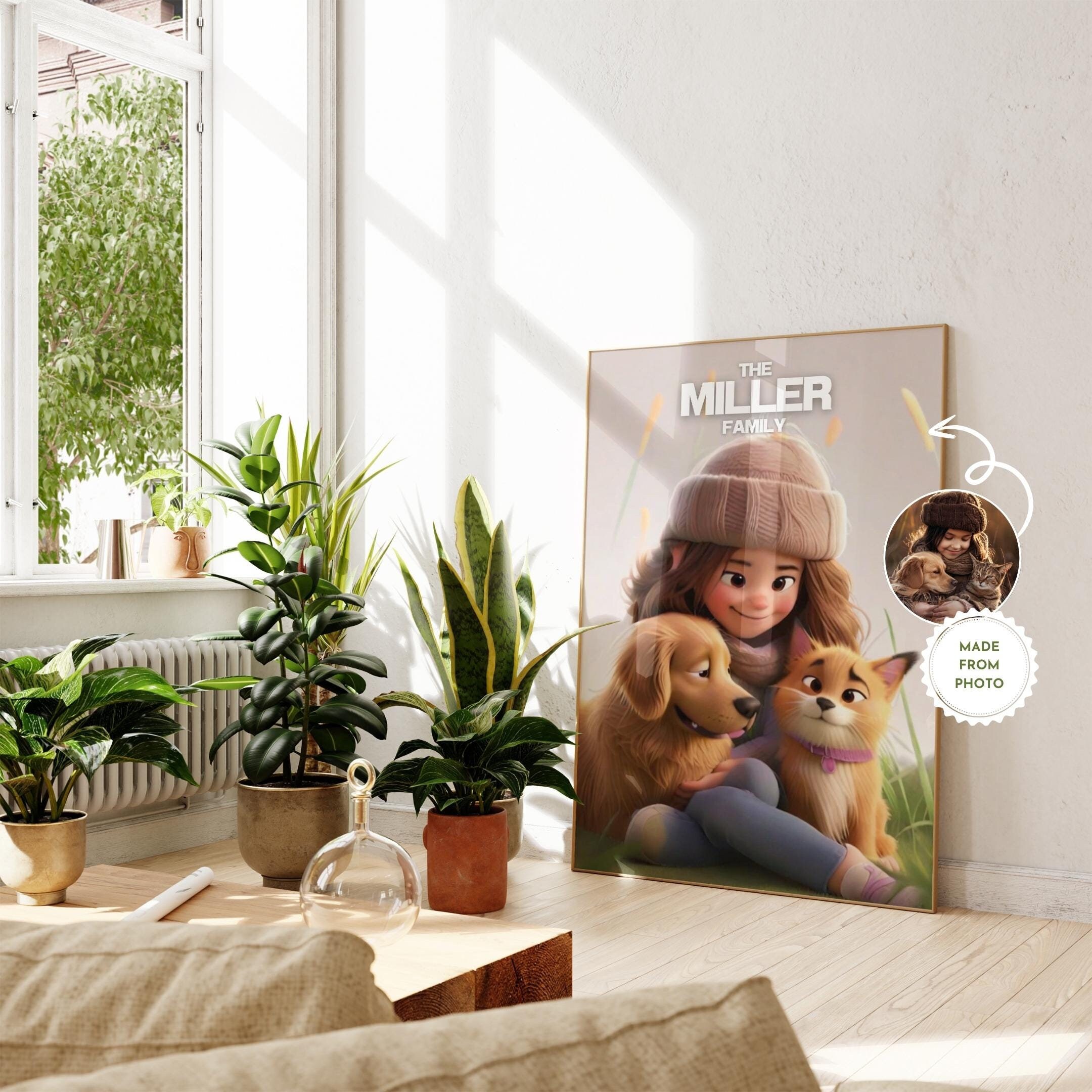 Custom Cartoon Pet Poster, Personalized Family Portrait Animation Art ...