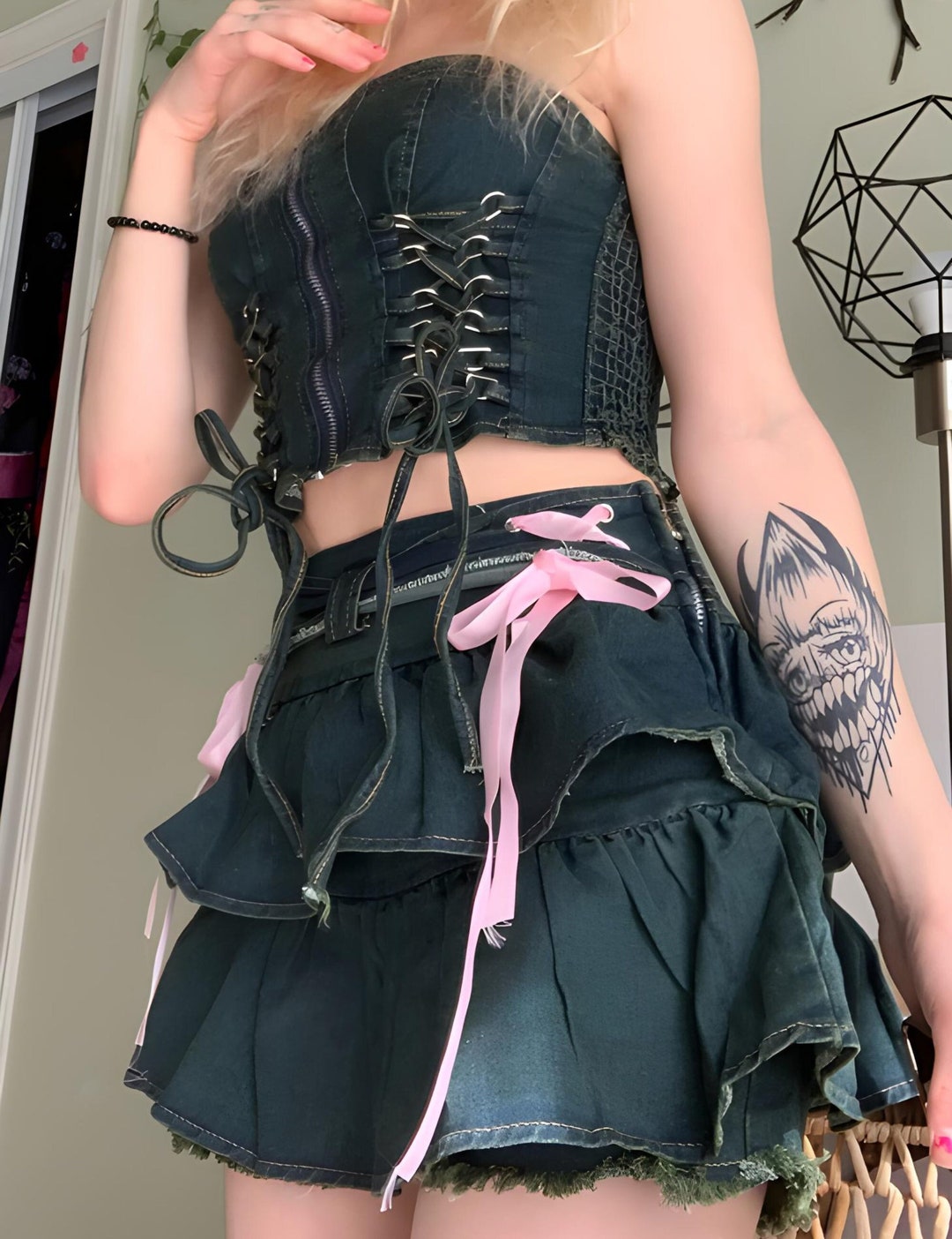 Gothic Denim Skirt & Crop Top Set, Punk Lace up Y2K Mini Streetwear Set ...