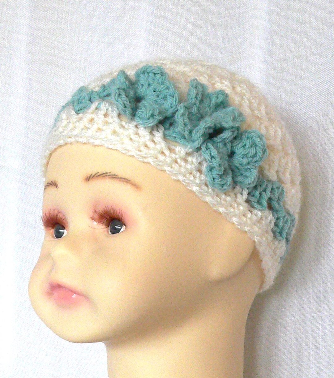 Granny Stitch Baby Crochet Hat: Ivory Beanie With Denim Blue Flowers - Etsy
