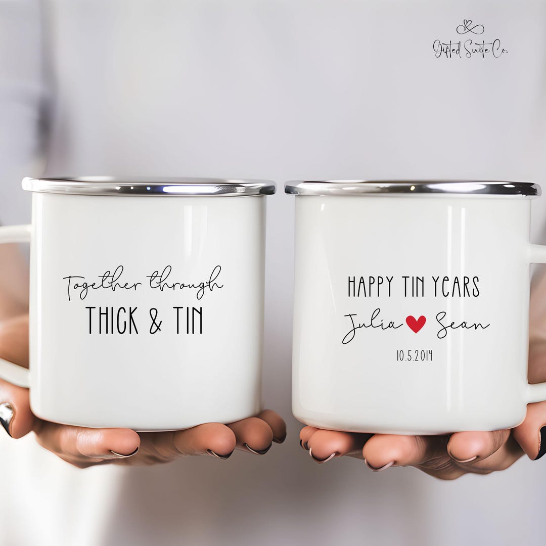 Personalized 10-year Anniversary Enamel Mug – "together Through Thick ...