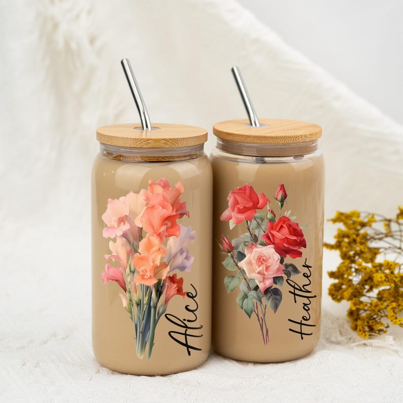 Personalized Birth Flower Bouquet Glass Cup,custom Name Tumbler,gift ...