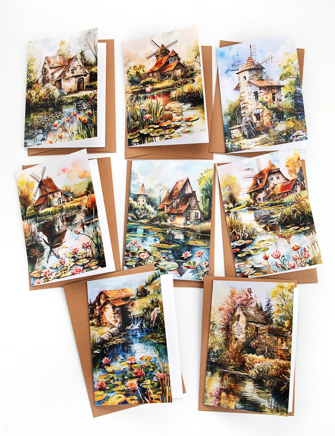 Countryside Scene Cards - Pack of 8, Watercolor Design, Kraft Envelopes ...