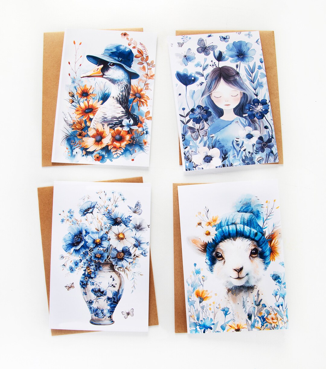 Set of 4 or 6 Lovely Blue Flower Cards Assorted Greeting Cards Bundle ...