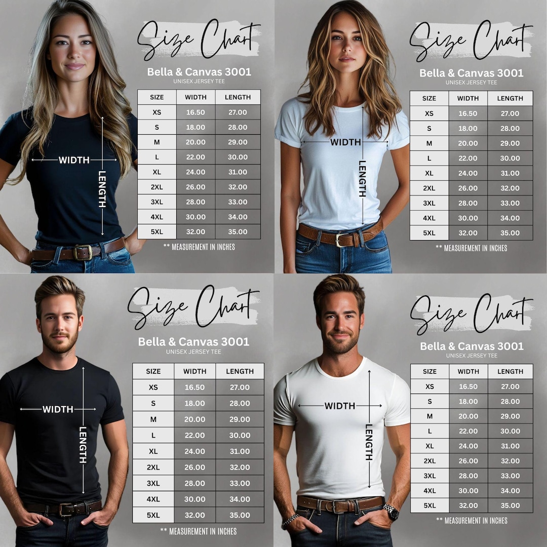 Bella Canvas 3001 Size Chart for Listing Mockups BC3001 Size Chart ...