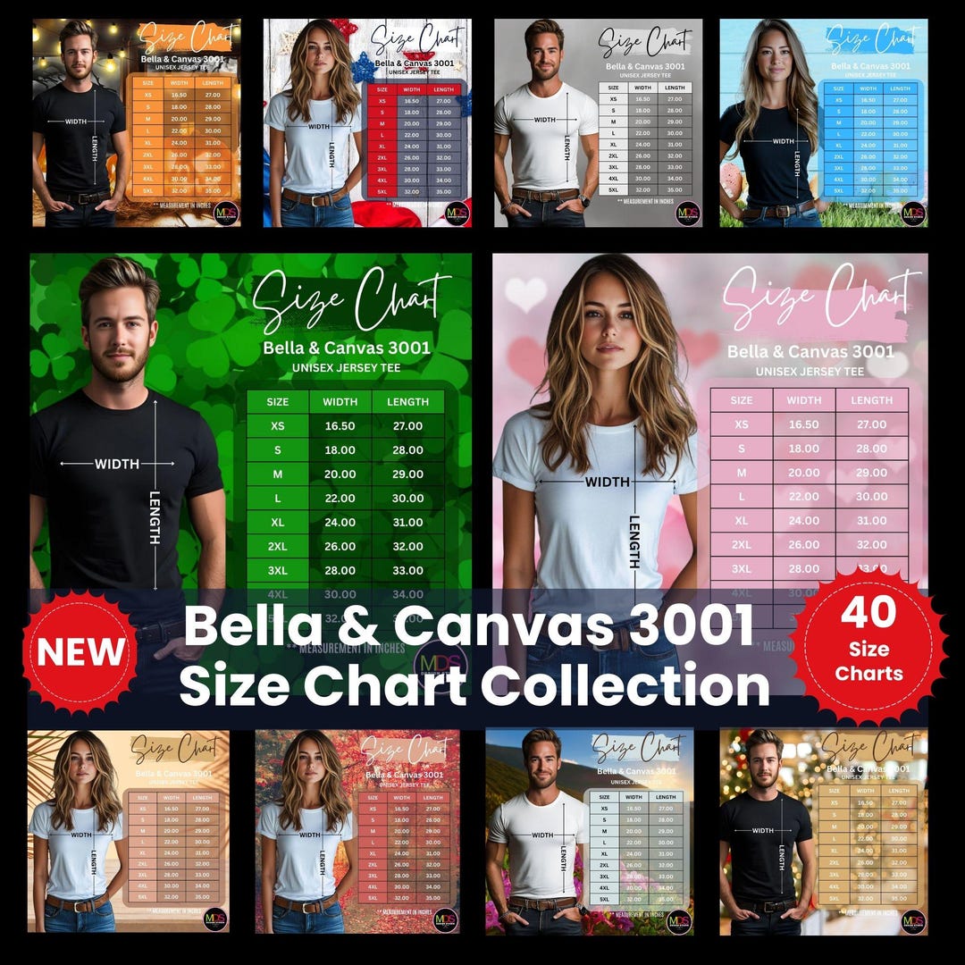 Bella and Canvas 3001 Size Chart Collection for Listing Mockups BC3001 ...