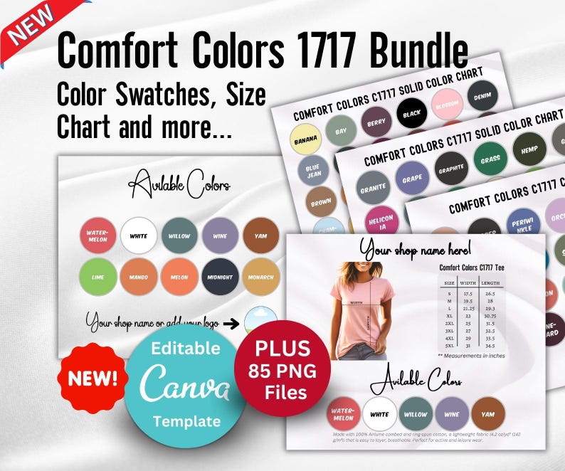 Comfort Colors Editable Color Chart and Size Chart Canva Template for ...
