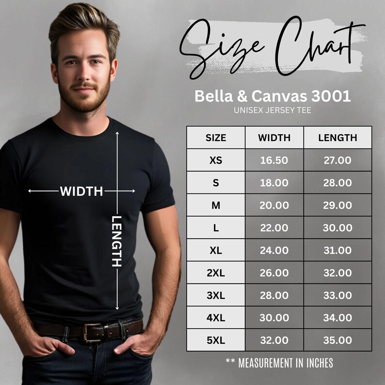 Bella Canvas 3001 Size Chart Mockup: Unisex T-shirt (digital Download ...