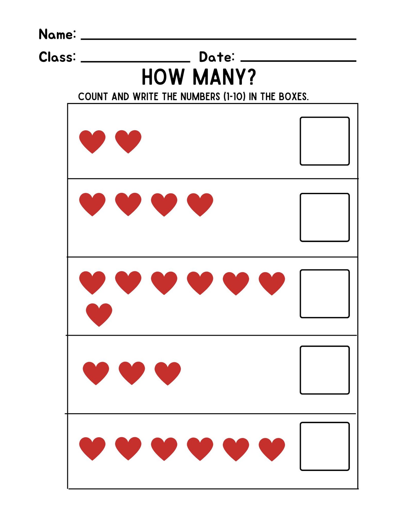 Count the Heart and Write the Numbers 1-20 in the Boxes. Easy Number ...