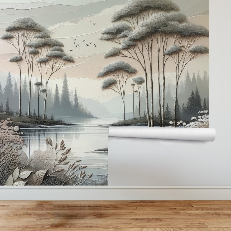 Serene Lake Landscape Mural - Stylized Tree Reflection Wallpaper - Calm ...