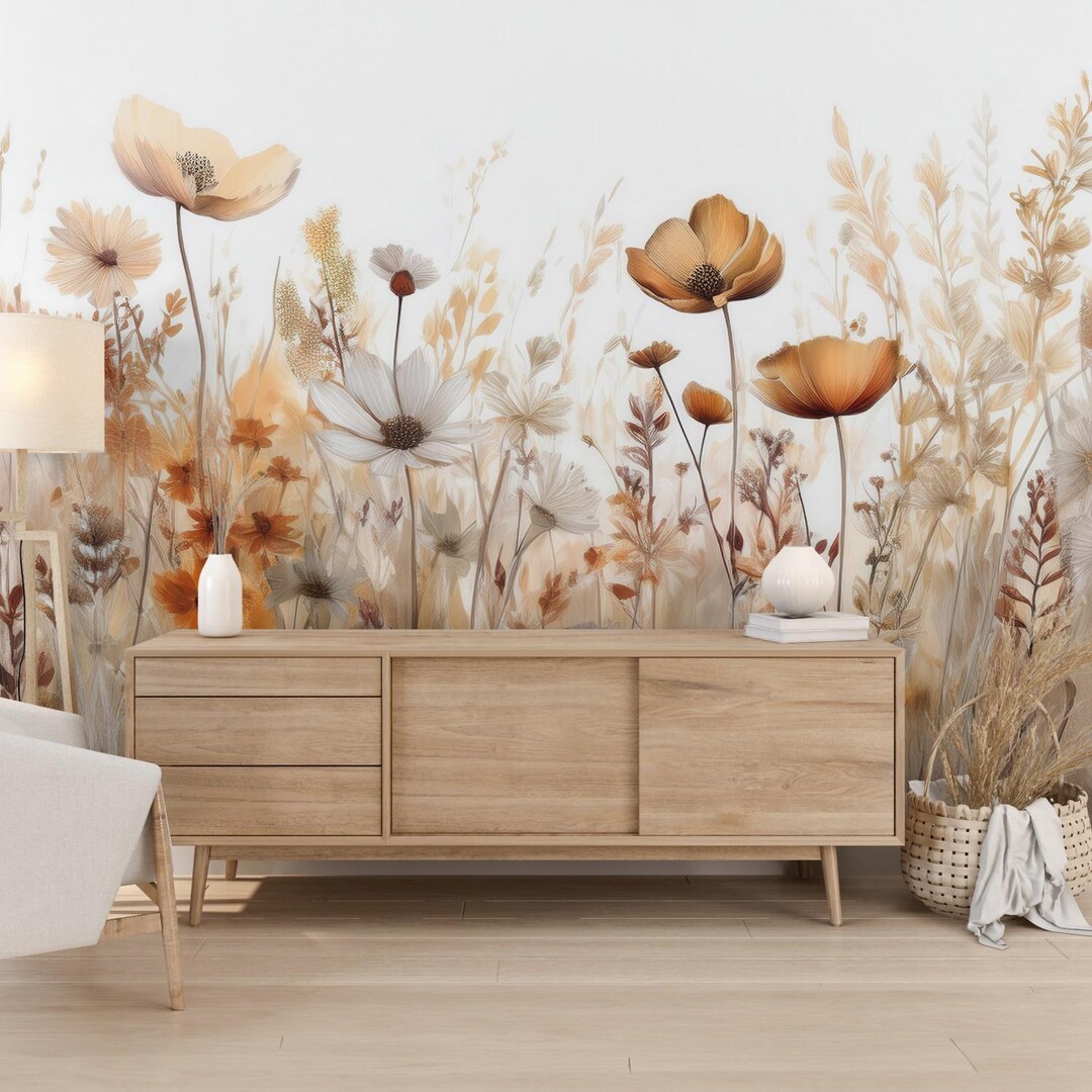 Earthy Floral Wall Mural - Neutral Tone Digital Wallpaper for Elegant ...