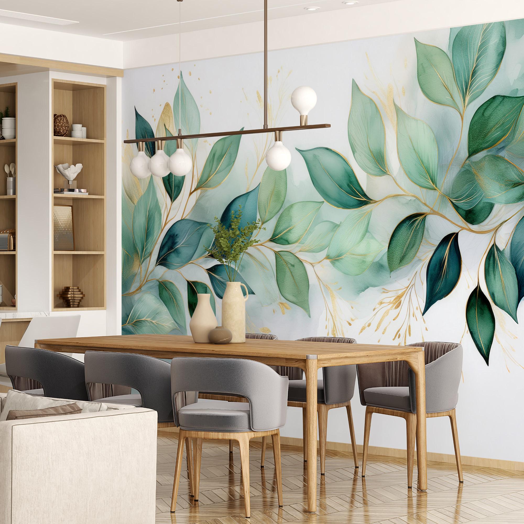 Watercolor Botanical Leaves Mural - Green & Gold Accent Wallpaper ...
