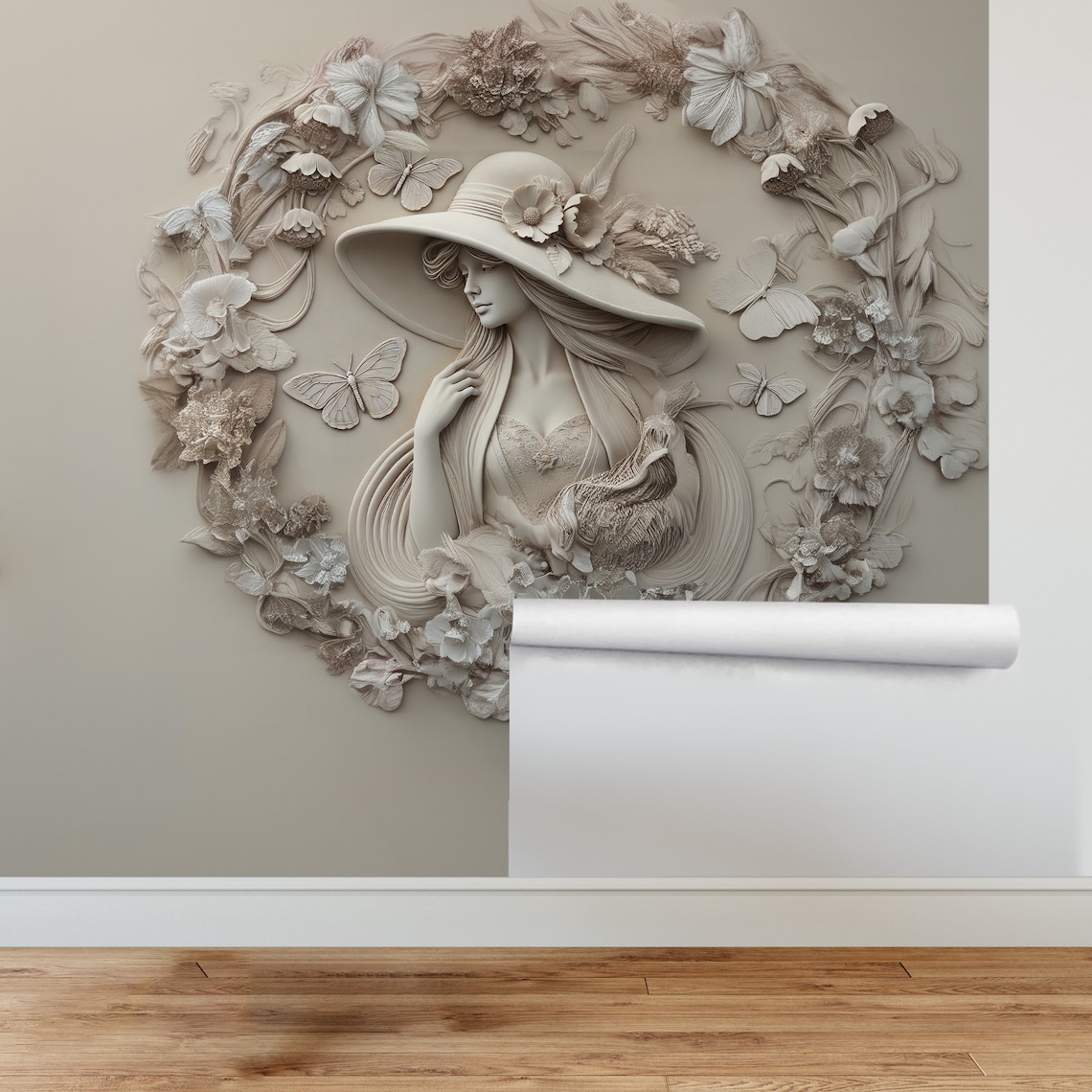 Sculpted Woman Relief Wall Mural - 3D Floral Wreath & Butterfly Art ...