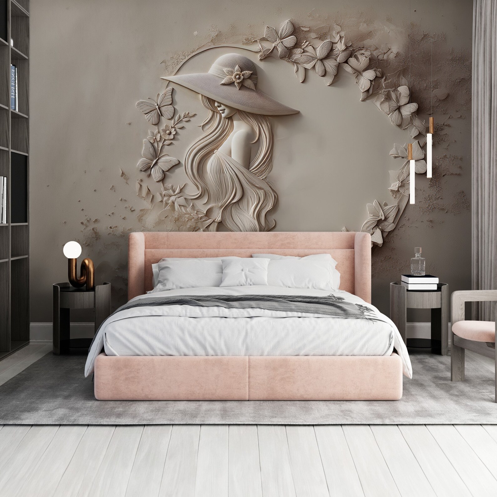 Elegant Woman Relief Mural - 3D Long Hair & Floral Wreath Art - Classic ...