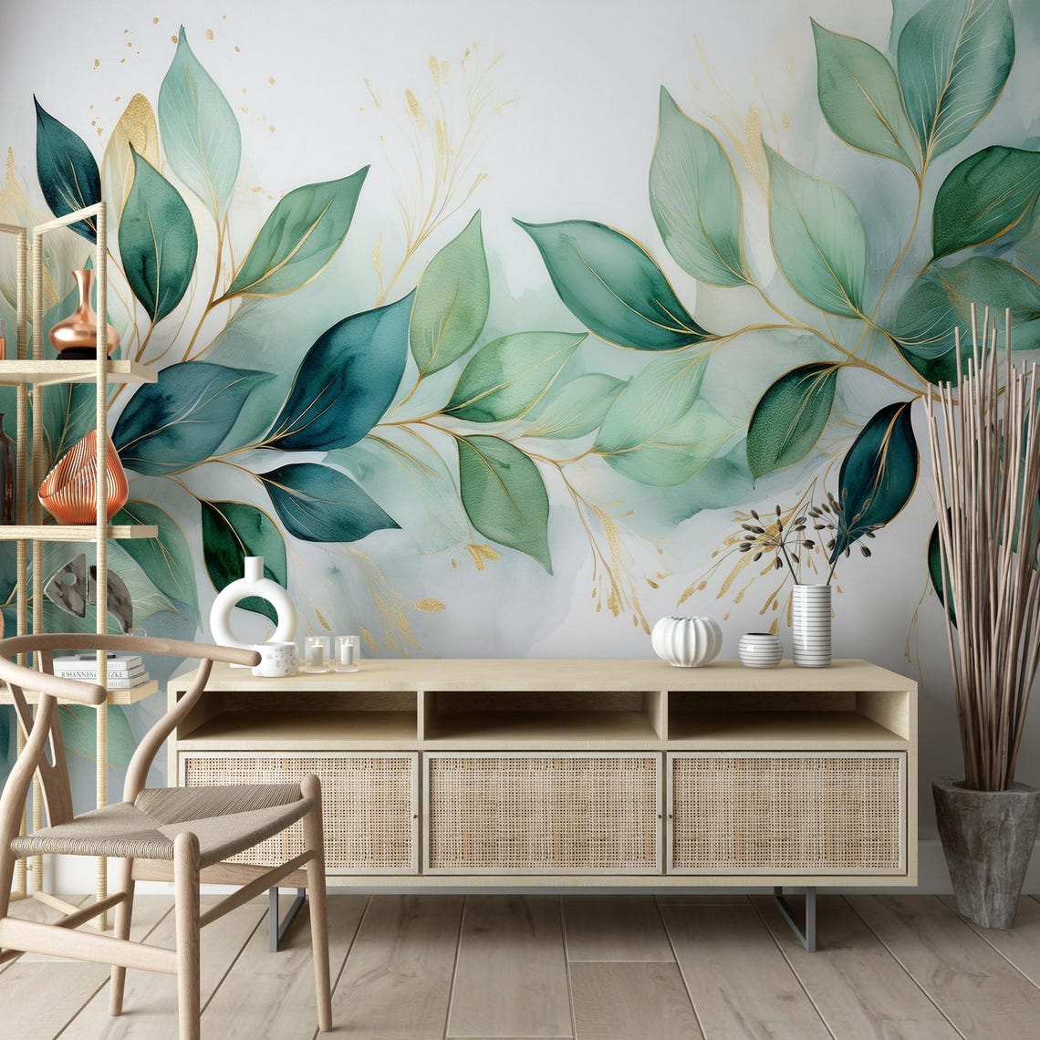 Watercolor Botanical Leaves Mural - Green & Gold Accent Wallpaper ...