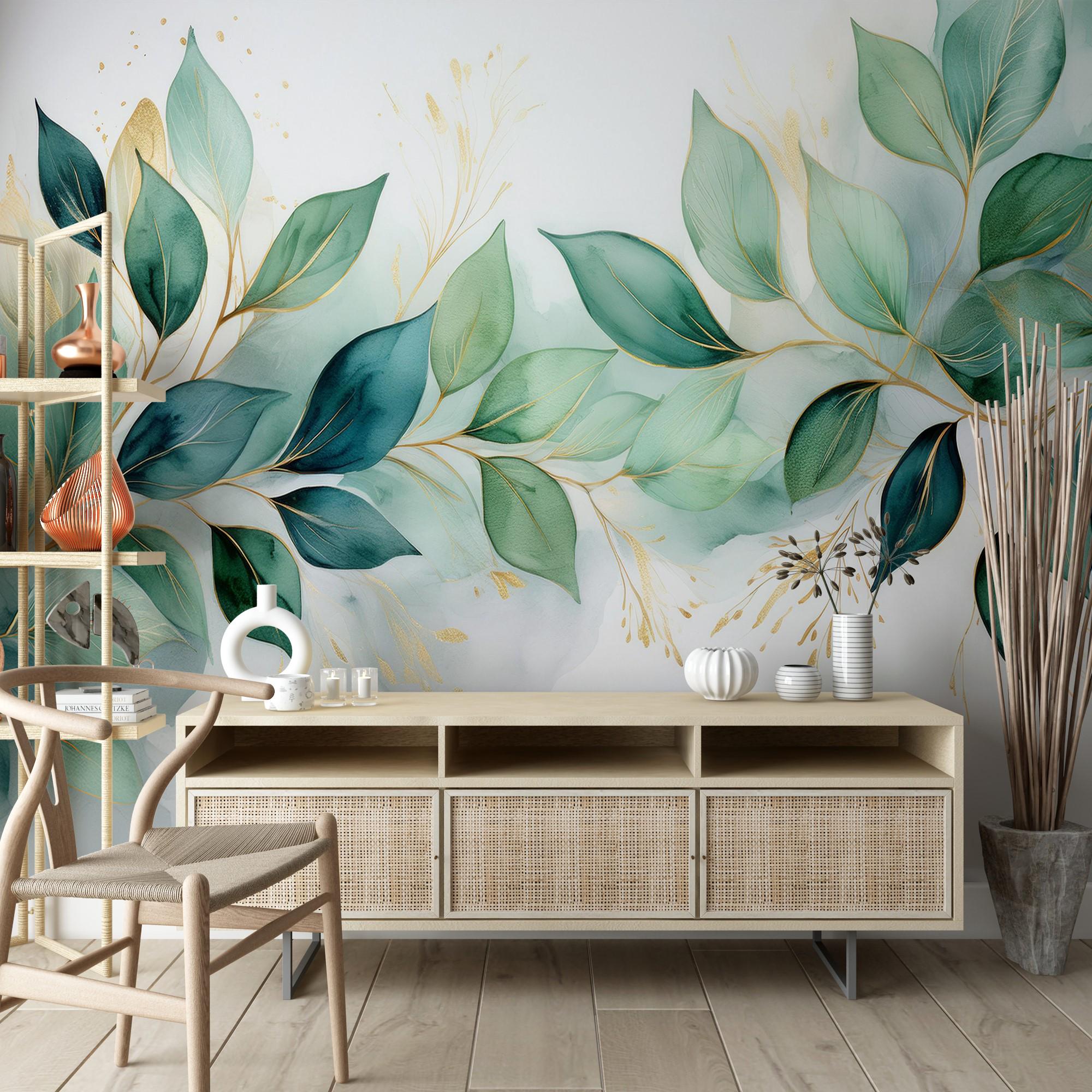 Watercolor Botanical Leaves Mural - Green & Gold Accent Wallpaper ...