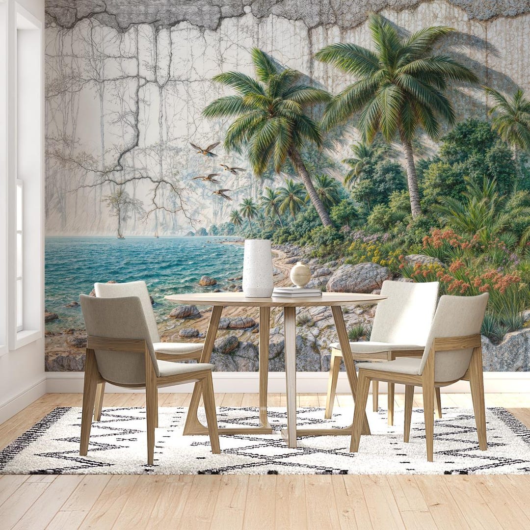 Tropical Paradise Wall Mural - Palm Trees and Beach Digital Wallpaper ...