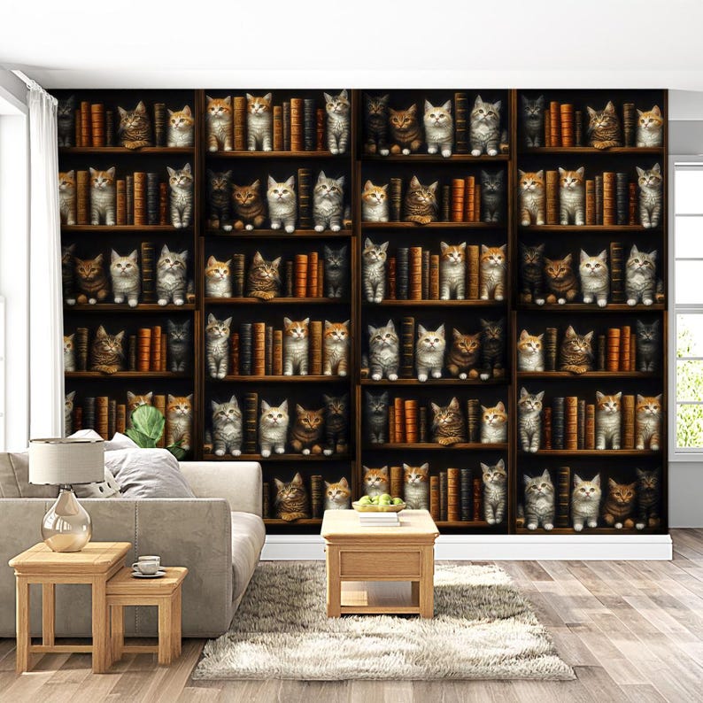 Bookcase Cats Mural – Adorable Feline Library Wall Art for Cat Lovers ...