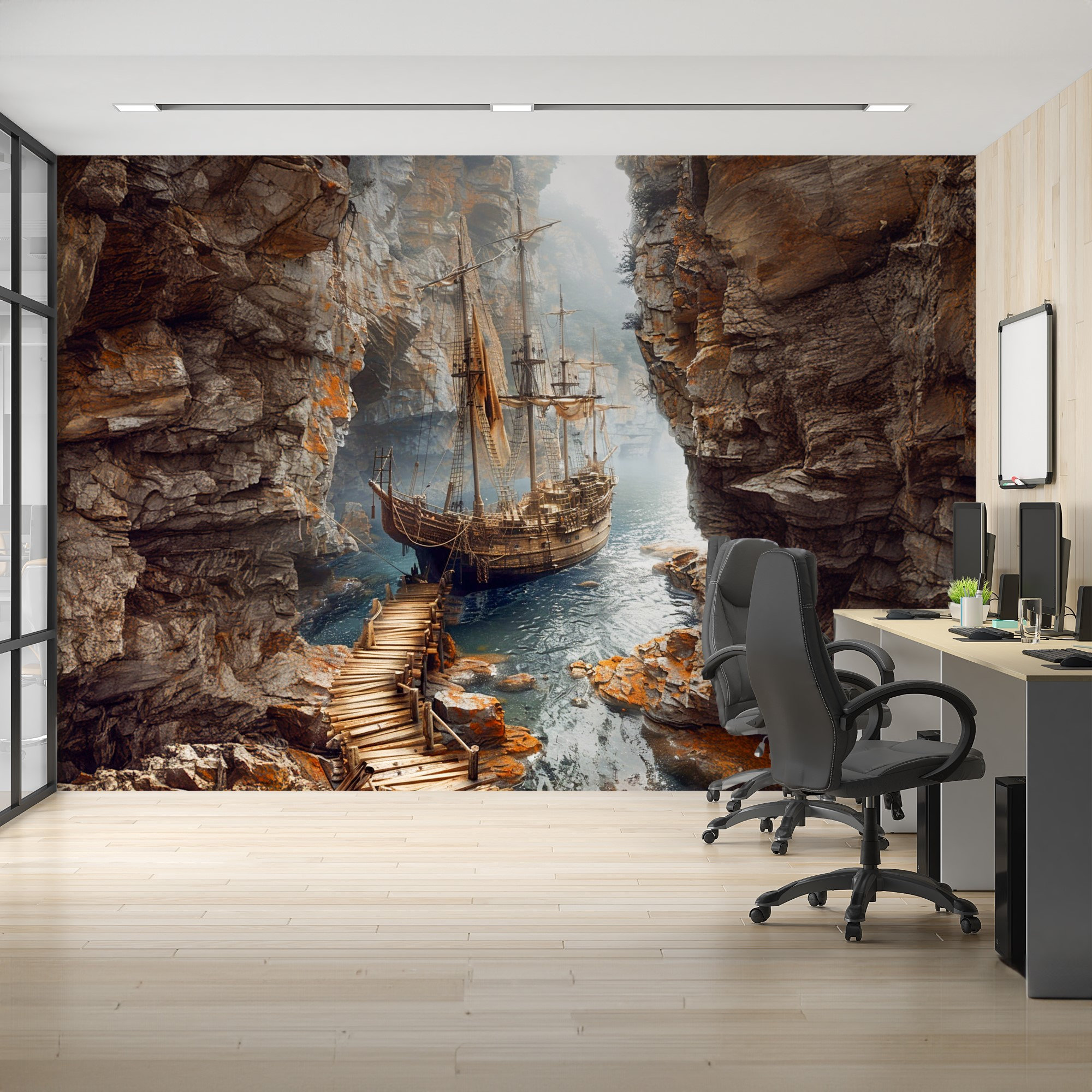 Fantasy Ship in Rocky Cove Mural - Epic Sailing Boat Canyon Wallpaper ...