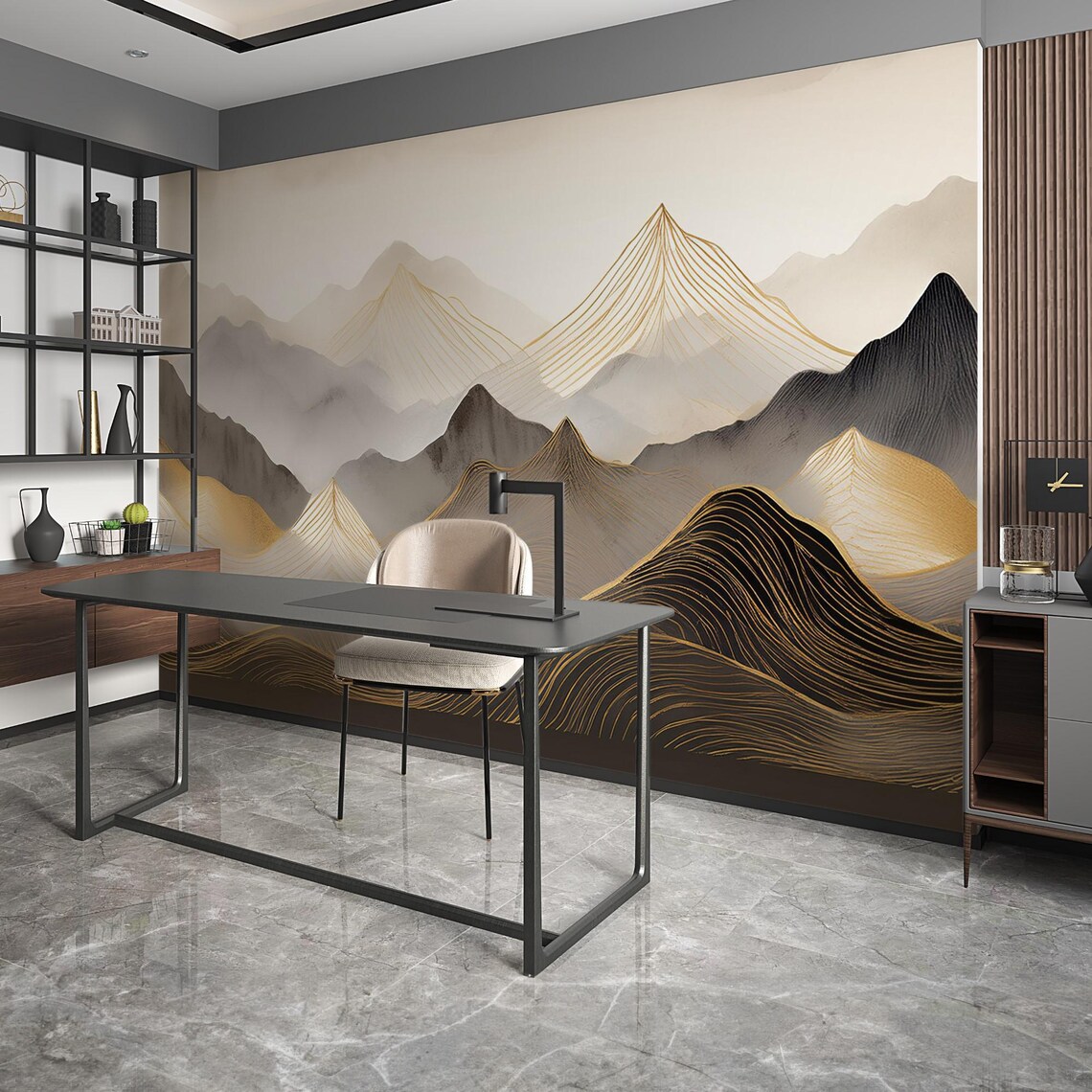 Abstract Mountain Mural - Modern Gold Line Wallpaper - Minimalist ...