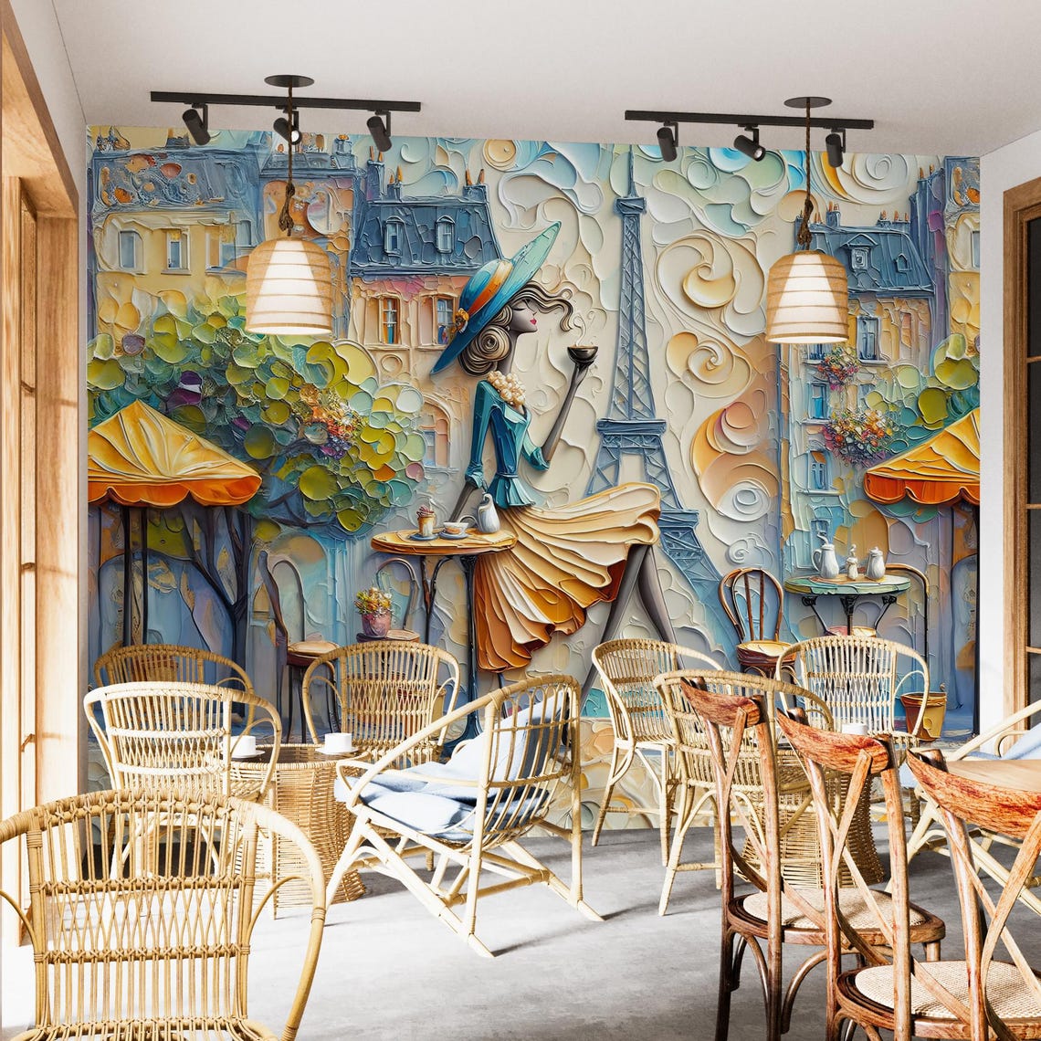 Whimsical Parisian Cafe Wall Mural - Artistic Eiffel Tower Scene ...