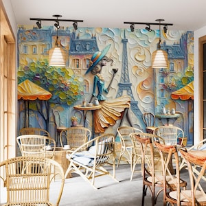 Whimsical Parisian Cafe Wall Mural - Artistic Eiffel Tower Scene ...