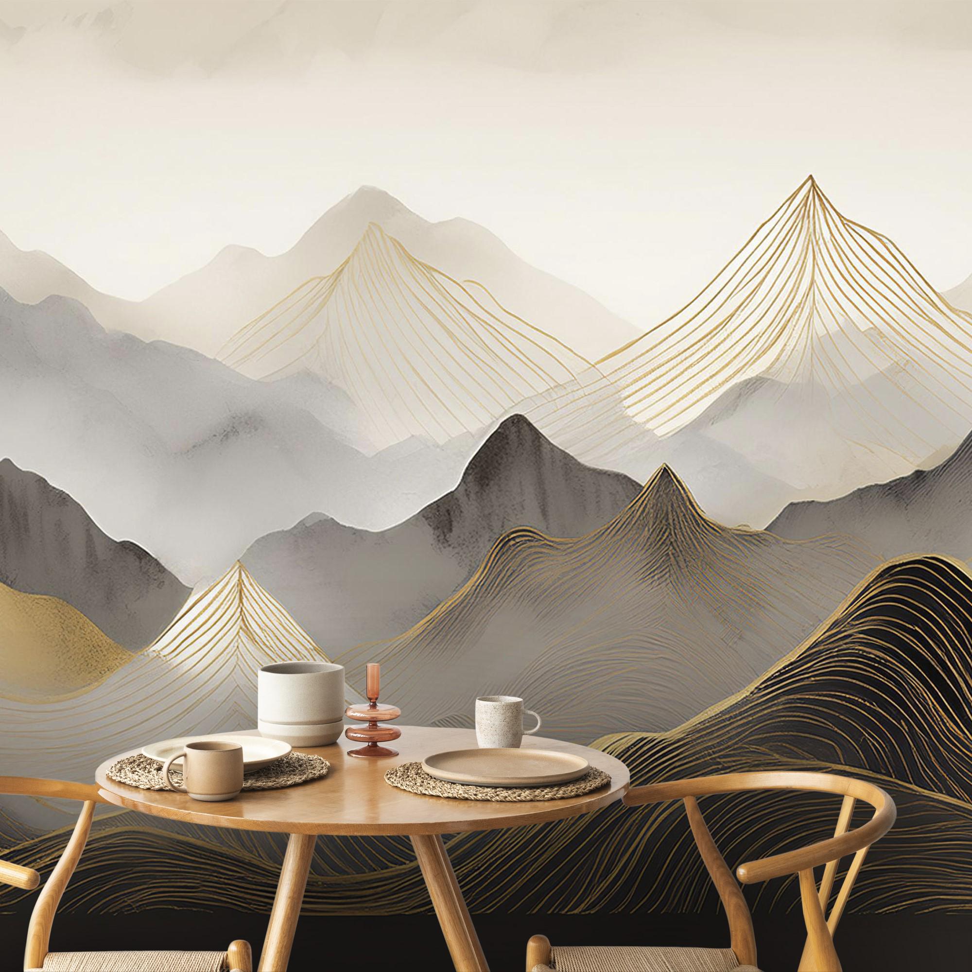 Abstract Mountain Mural - Modern Gold Line Wallpaper - Minimalist ...