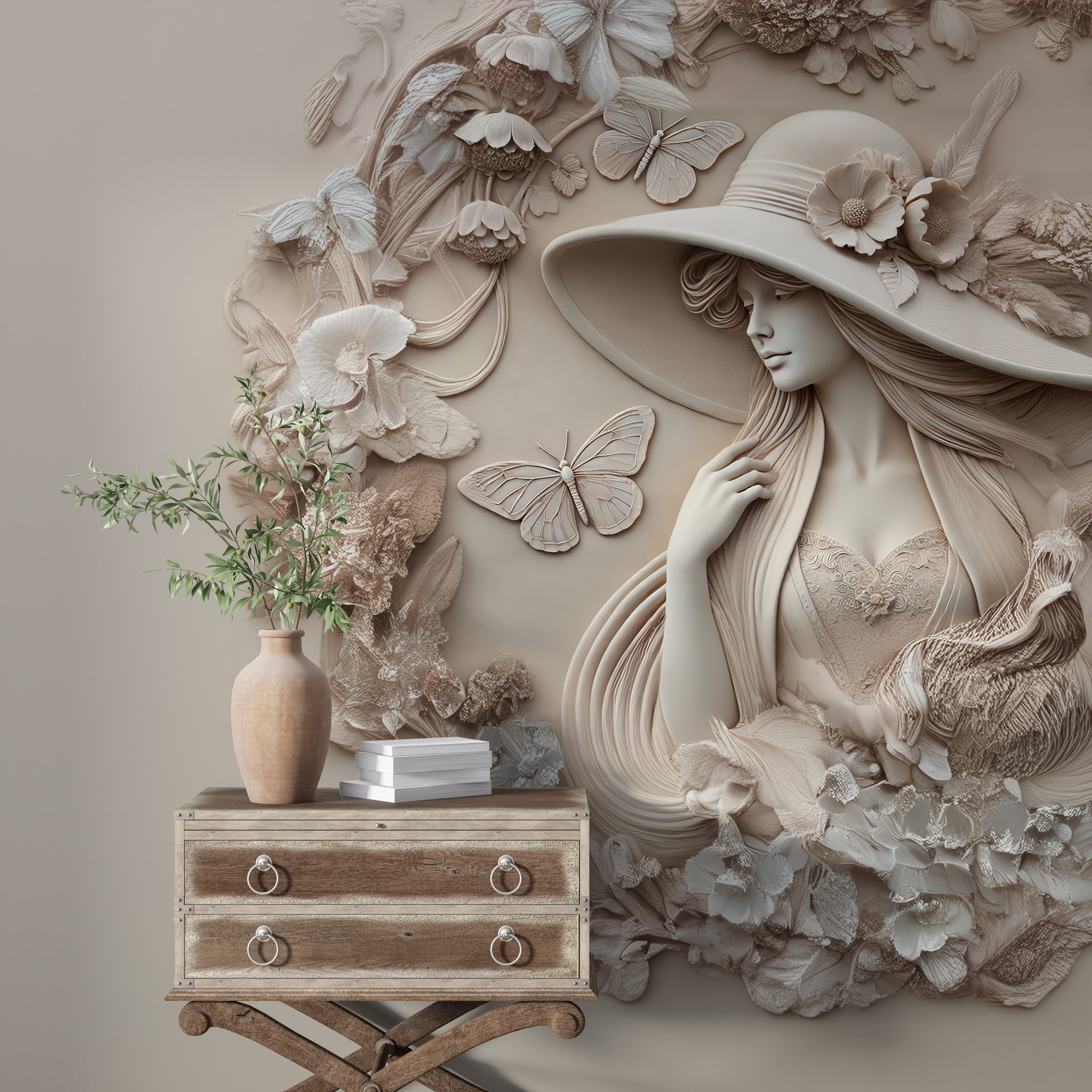 Sculpted Woman Relief Wall Mural - 3D Floral Wreath & Butterfly Art ...