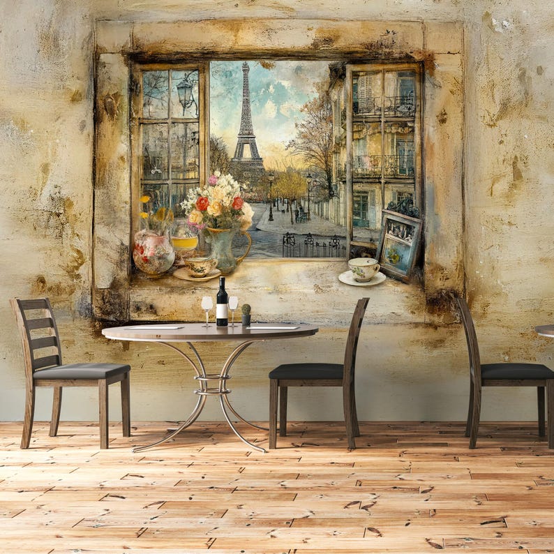 Paris Window View Wall Mural - Trompe Loeil Eiffel Tower Scene ...
