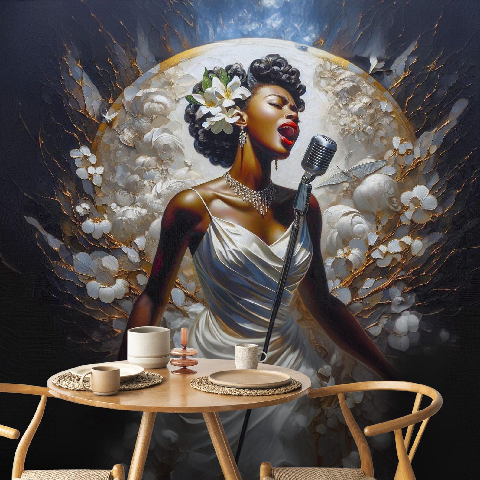 Soulful Jazz Singer Wall Mural - Vintage Woman & Moon Floral Art ...