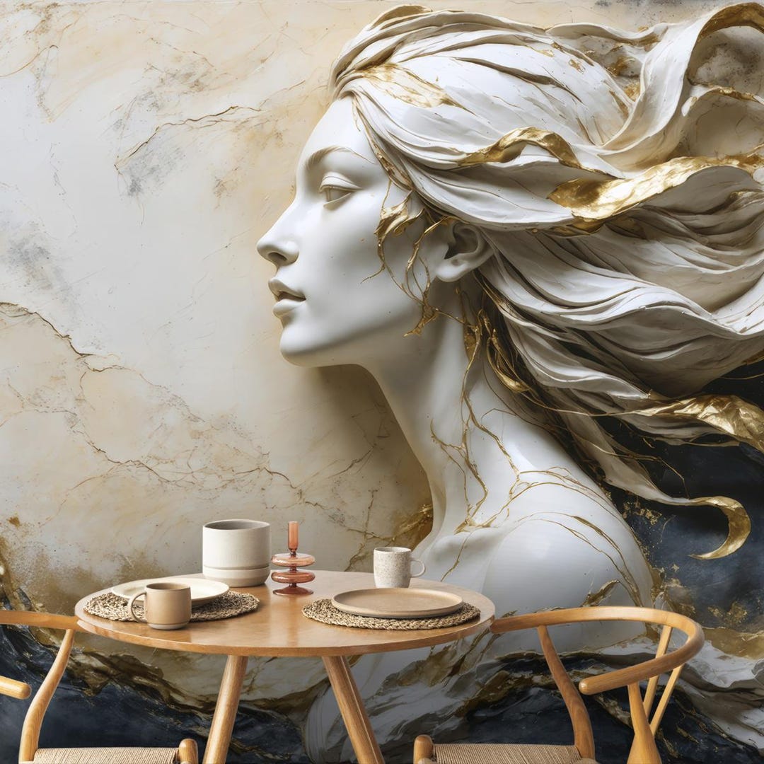 Sculpted Woman Profile Mural - Gold Flowing Hair Marble Effect ...