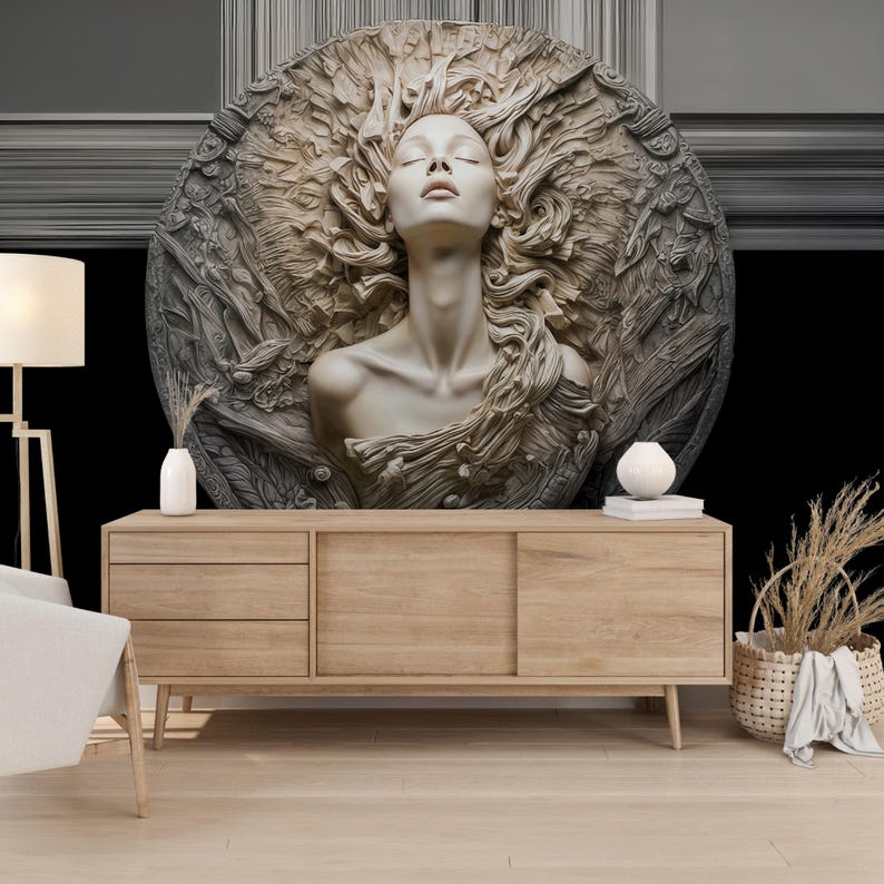Sculpted Woman Bust Relief Mural - 3D Flowing Hair Fantasy Art ...